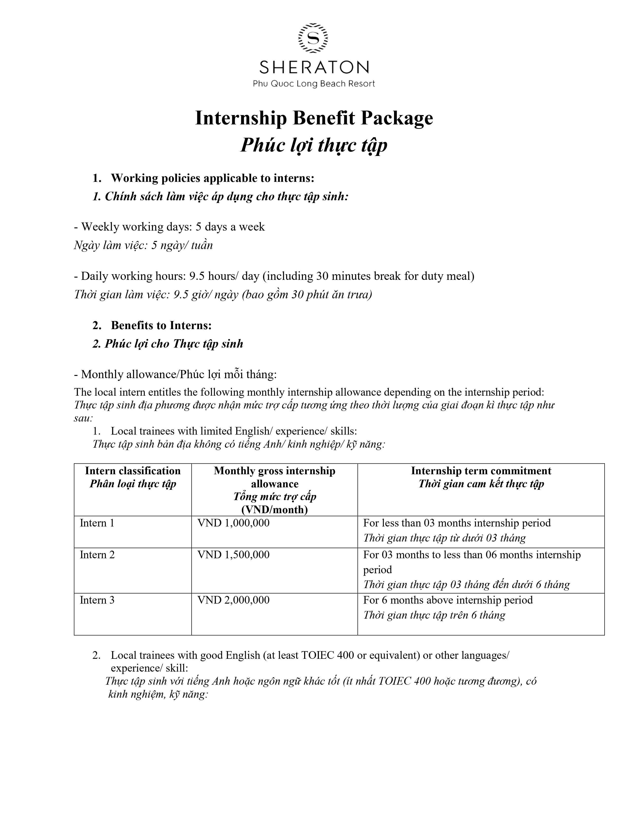 Internship Benefit Package tại Sheraton Phu Quoc Long Beach Resort